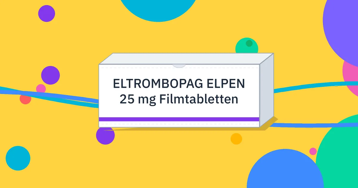 Symbolbild: Packung mit der Aufschrift ELTROMBOPAG ELPEN 25 mg Filmtabletten (PZN 19863471) – Verfügbarkeit und Bezug in Apotheken in Frankfurt am Main