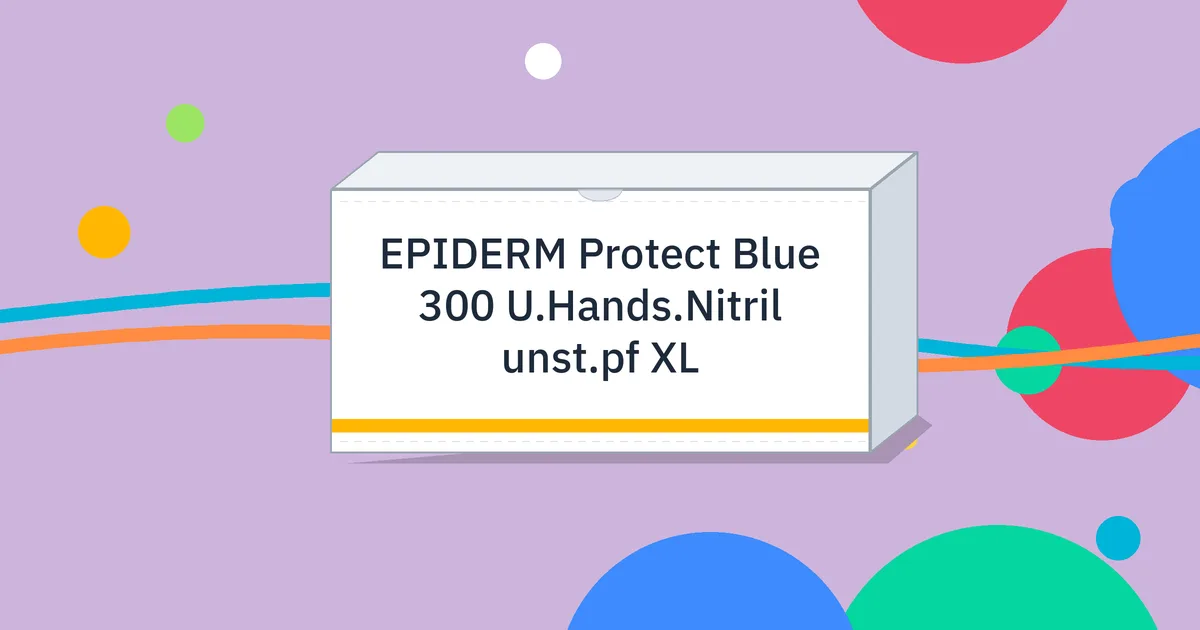 Symbolbild: Packung mit der Aufschrift EPIDERM Protect Blue 300 U.Hands.Nitril unst.pf XL (PZN 17896621) – Verfügbarkeit und Bezug in Apotheken in Frankfurt am Main