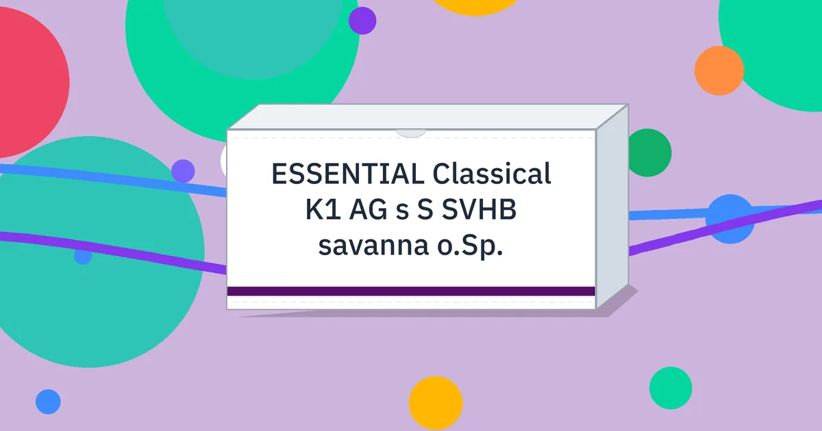 Symbolbild: Packung mit der Aufschrift ESSENTIAL Classical K1 AG s S SVHB savanna o.Sp. (PZN 18420346) – Verfügbarkeit und Bezug in Apotheken in Frankfurt am Main