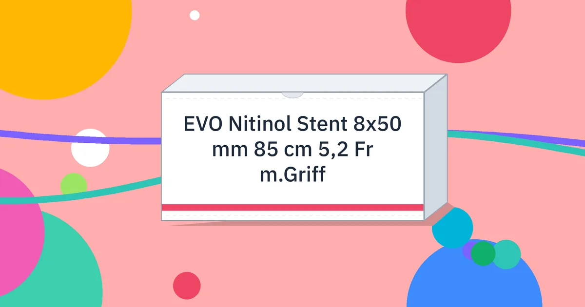 Symbolbild: Packung mit der Aufschrift EVO Nitinol Stent 8x50 mm 85 cm 5,2 Fr m.Griff (PZN 00223390) – Verfügbarkeit und Bezug in Apotheken in Frankfurt am Main