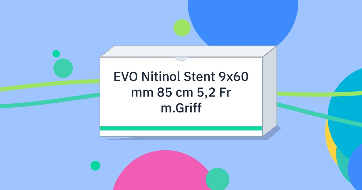 Symbolbild: Packung mit der Aufschrift EVO Nitinol Stent 9x60 mm 85 cm 5,2 Fr m.Griff (PZN 00223450) – Verfügbarkeit und Bezug in Apotheken in Frankfurt am Main