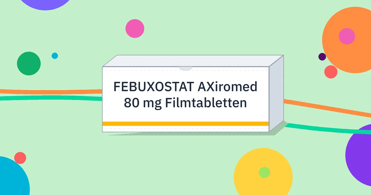 Symbolbild: Packung mit der Aufschrift FEBUXOSTAT AXiromed 80 mg Filmtabletten (PZN 15425053) – Verfügbarkeit und Bezug in Apotheken in Frankfurt am Main