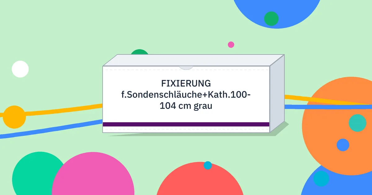 Symbolbild: Packung mit der Aufschrift FIXIERUNG f.Sondenschläuche+Kath.100-104 cm grau (PZN 20653017) – Verfügbarkeit und Bezug in Apotheken in Frankfurt am Main