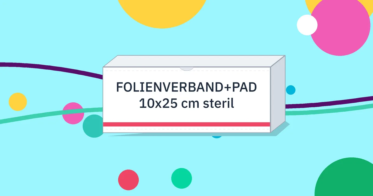 Symbolbild: Packung mit der Aufschrift FOLIENVERBAND+PAD 10x25 cm steril (PZN 17558835) – Verfügbarkeit und Bezug in Apotheken in Frankfurt am Main