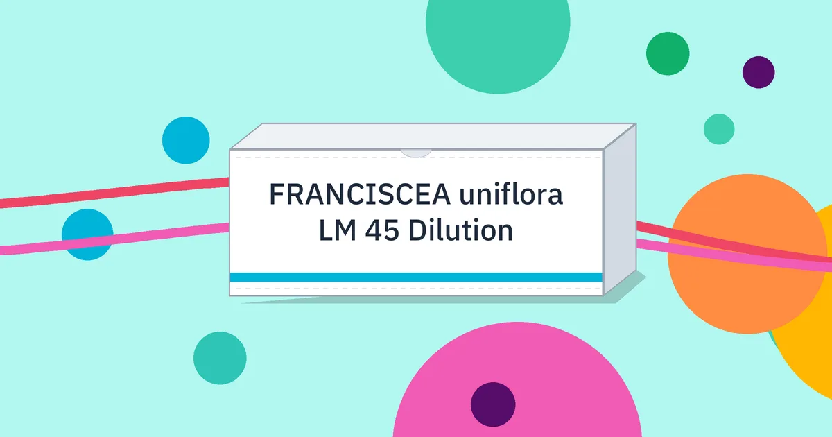 Symbolbild: Packung mit der Aufschrift FRANCISCEA uniflora LM 45 Dilution (PZN 13491330) – Verfügbarkeit und Bezug in Apotheken in Frankfurt am Main
