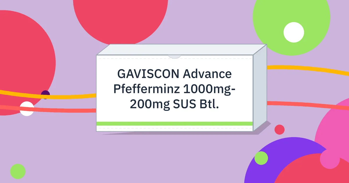 Symbolbild: Packung mit der Aufschrift GAVISCON Advance Pfefferminz 1000mg-200mg SUS Btl. (PZN 02240777) – Verfügbarkeit und Bezug in Apotheken in Frankfurt am Main