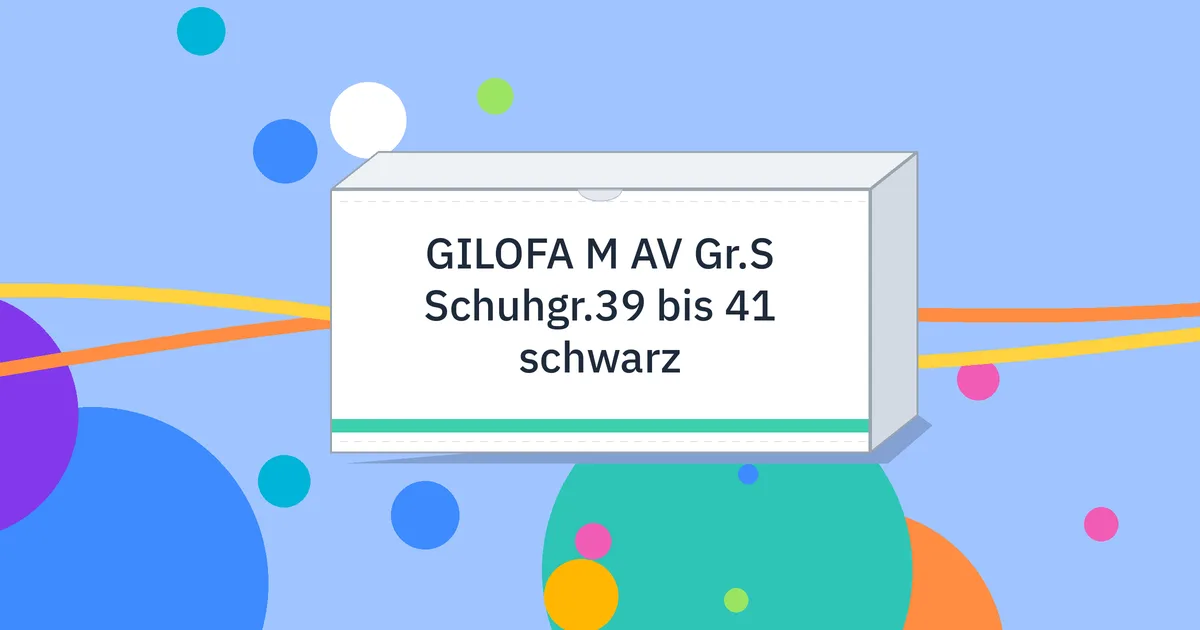 Symbolbild: Packung mit der Aufschrift GILOFA M AV Gr.S Schuhgr.39 bis 41 schwarz (PZN 16726182) – Verfügbarkeit und Bezug in Apotheken in Frankfurt am Main