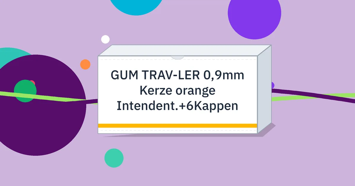 Symbolbild: Packung mit der Aufschrift GUM TRAV-LER 0,9mm Kerze orange Intendent.+6Kappen (PZN 09714422) – Verfügbarkeit und Bezug in Apotheken in Frankfurt am Main