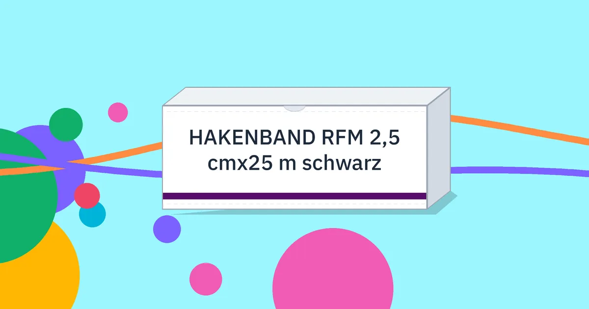 Symbolbild: Packung mit der Aufschrift HAKENBAND RFM 2,5 cmx25 m schwarz (PZN 06490459) – Verfügbarkeit und Bezug in Apotheken in Frankfurt am Main
