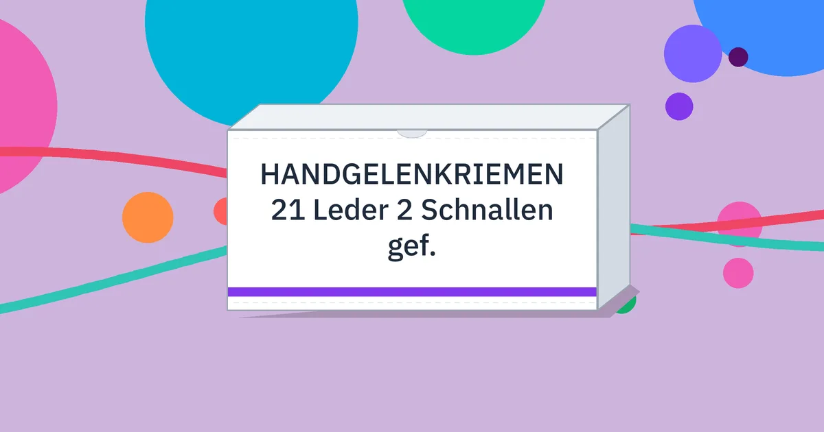 Symbolbild: Packung mit der Aufschrift HANDGELENKRIEMEN 21 Leder 2 Schnallen gef. (PZN 01727514) – Verfügbarkeit und Bezug in Apotheken in Frankfurt am Main