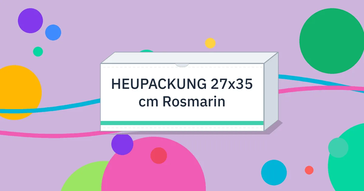 Symbolbild: Packung mit der Aufschrift HEUPACKUNG 27x35 cm Rosmarin (PZN 04596248) – Verfügbarkeit und Bezug in Apotheken in Frankfurt am Main