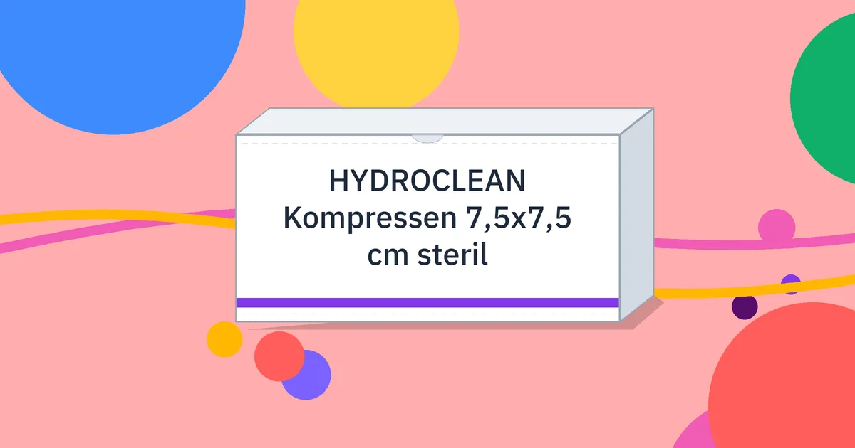 Symbolbild: Packung mit der Aufschrift HYDROCLEAN Kompressen 7,5x7,5 cm steril (PZN 18715969) – Verfügbarkeit und Bezug in Apotheken in Frankfurt am Main