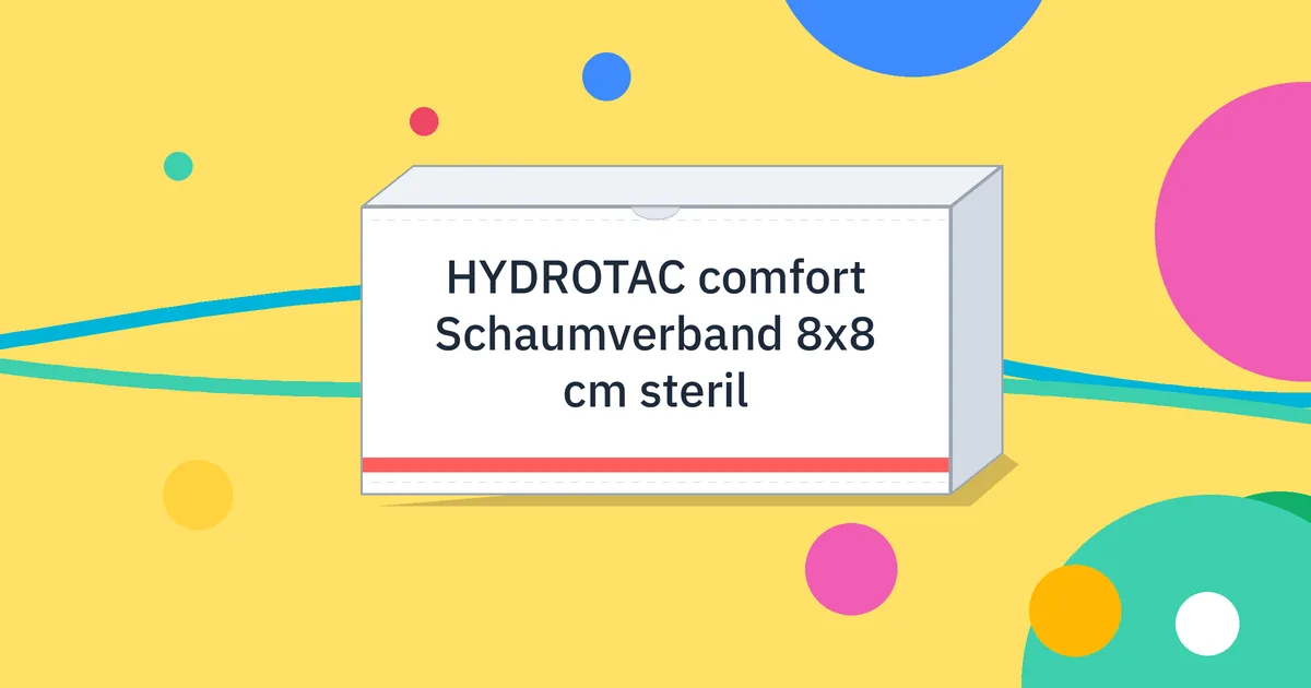 Symbolbild: Packung mit der Aufschrift HYDROTAC comfort Schaumverband 8x8 cm steril (PZN 18127847) – Verfügbarkeit und Bezug in Apotheken in Frankfurt am Main