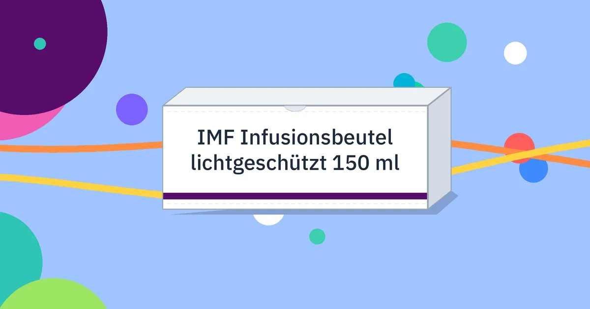 Symbolbild: Packung mit der Aufschrift IMF Infusionsbeutel lichtgeschützt 150 ml (PZN 19986541) – Verfügbarkeit und Bezug in Apotheken in Frankfurt am Main