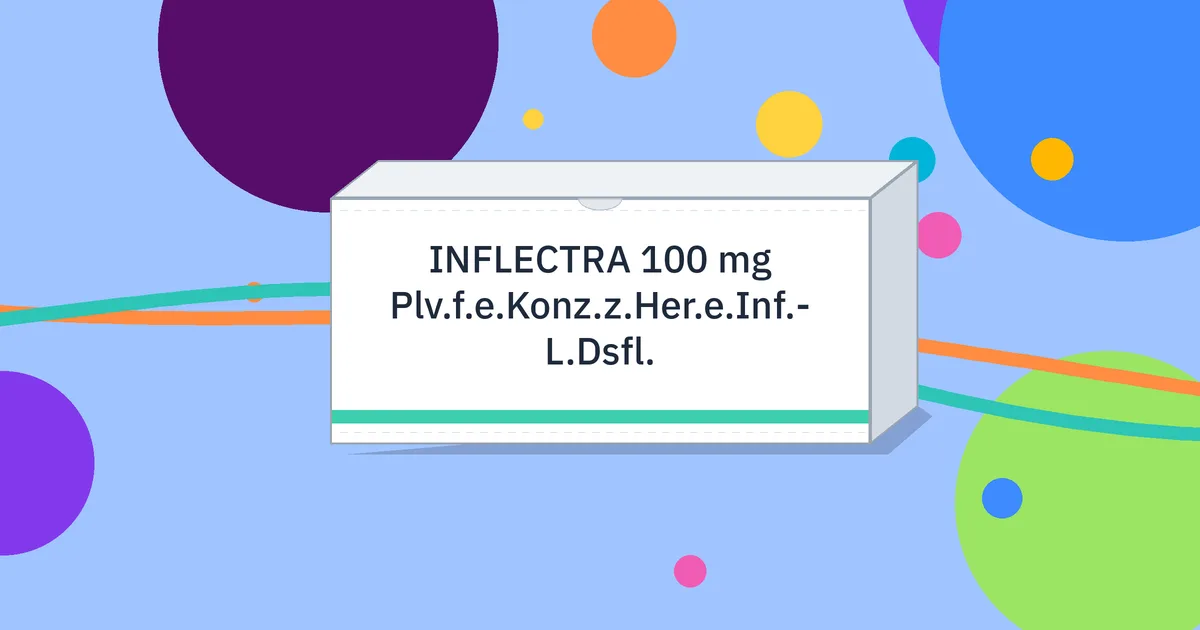 Symbolbild: Packung mit der Aufschrift INFLECTRA 100 mg Plv.f.e.Konz.z.Her.e.Inf.-L.Dsfl. (PZN 15434023) – Verfügbarkeit und Bezug in Apotheken in Frankfurt am Main