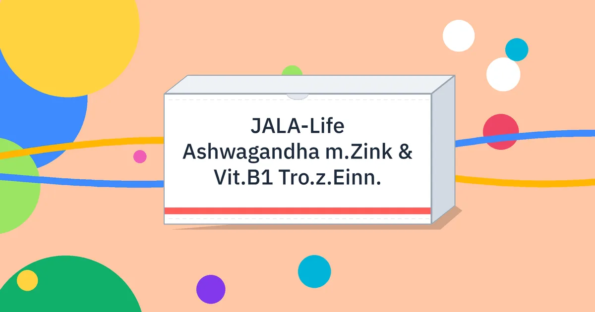 Symbolbild: Packung mit der Aufschrift JALA-Life Ashwagandha m.Zink & Vit.B1 Tro.z.Einn. (PZN 19488518) – Verfügbarkeit und Bezug in Apotheken in Frankfurt am Main