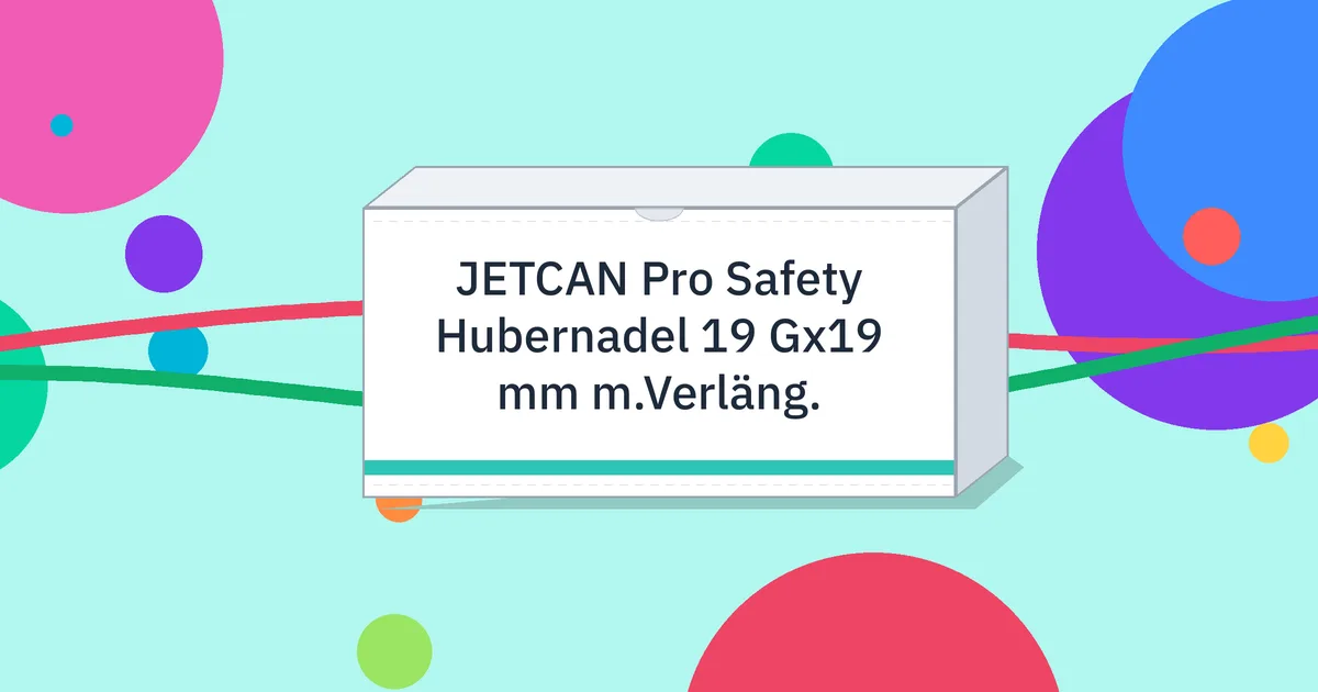 Symbolbild: Packung mit der Aufschrift JETCAN Pro Safety Hubernadel 19 Gx19 mm m.Verläng. (PZN 19238684) – Verfügbarkeit und Bezug in Apotheken in Frankfurt am Main
