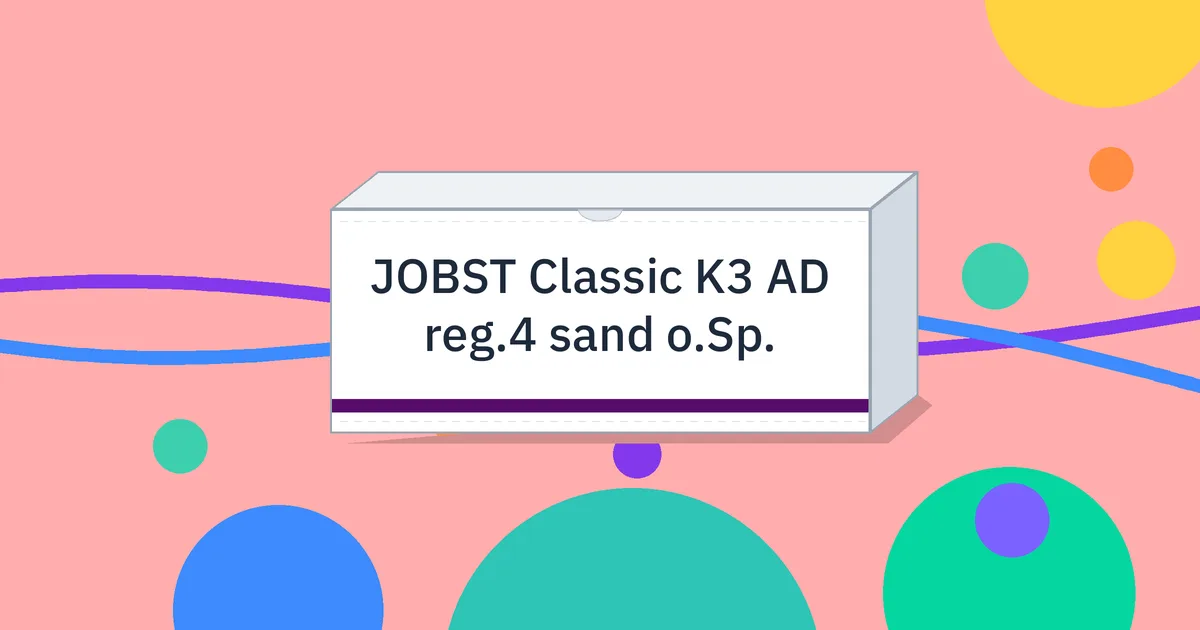Symbolbild: Packung mit der Aufschrift JOBST Classic K3 AD reg.4 sand o.Sp. (PZN 13071444) – Verfügbarkeit und Bezug in Apotheken in Frankfurt am Main
