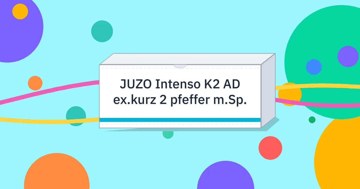 Symbolbild: Packung mit der Aufschrift JUZO Intenso K2 AD ex.kurz 2 pfeffer m.Sp. (PZN 18607843) – Verfügbarkeit und Bezug in Apotheken in Frankfurt am Main