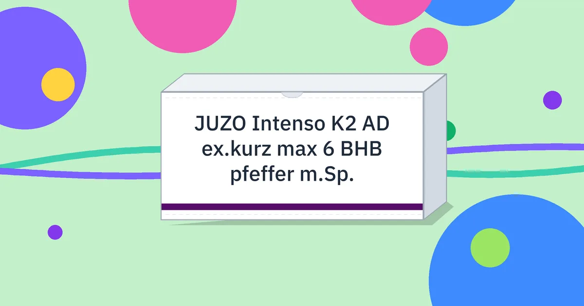Symbolbild: Packung mit der Aufschrift JUZO Intenso K2 AD ex.kurz max 6 BHB pfeffer m.Sp. (PZN 18613789) – Verfügbarkeit und Bezug in Apotheken in Frankfurt am Main