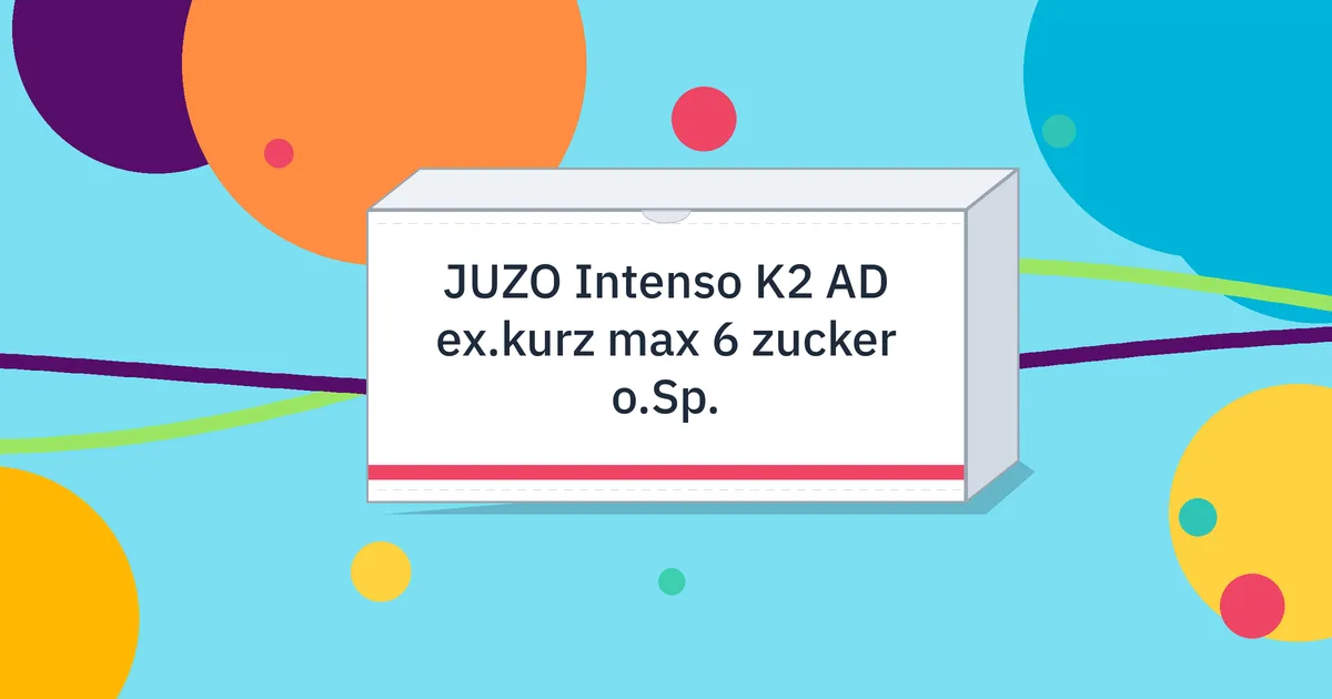 Symbolbild: Packung mit der Aufschrift JUZO Intenso K2 AD ex.kurz max 6 zucker o.Sp. (PZN 18617267) – Verfügbarkeit und Bezug in Apotheken in Frankfurt am Main