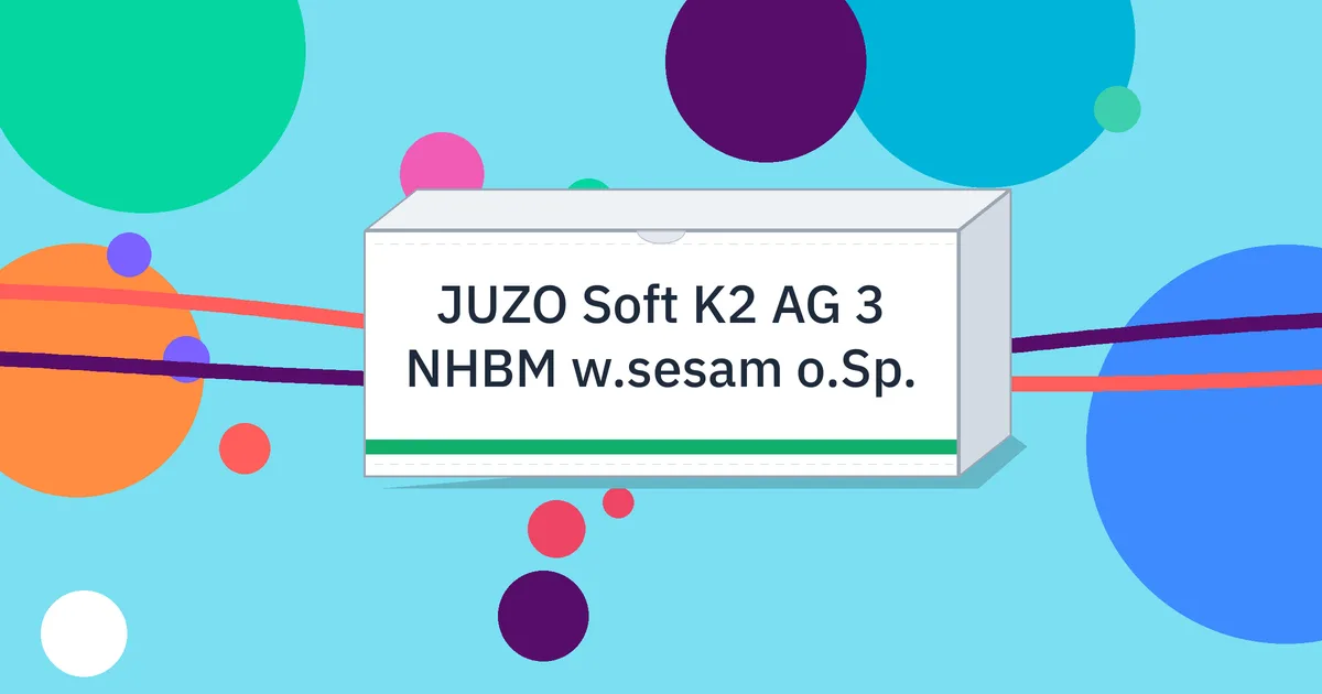 Symbolbild: Packung mit der Aufschrift JUZO Soft K2 AG 3 NHBM w.sesam o.Sp. (PZN 15001212) – Verfügbarkeit und Bezug in Apotheken in Frankfurt am Main