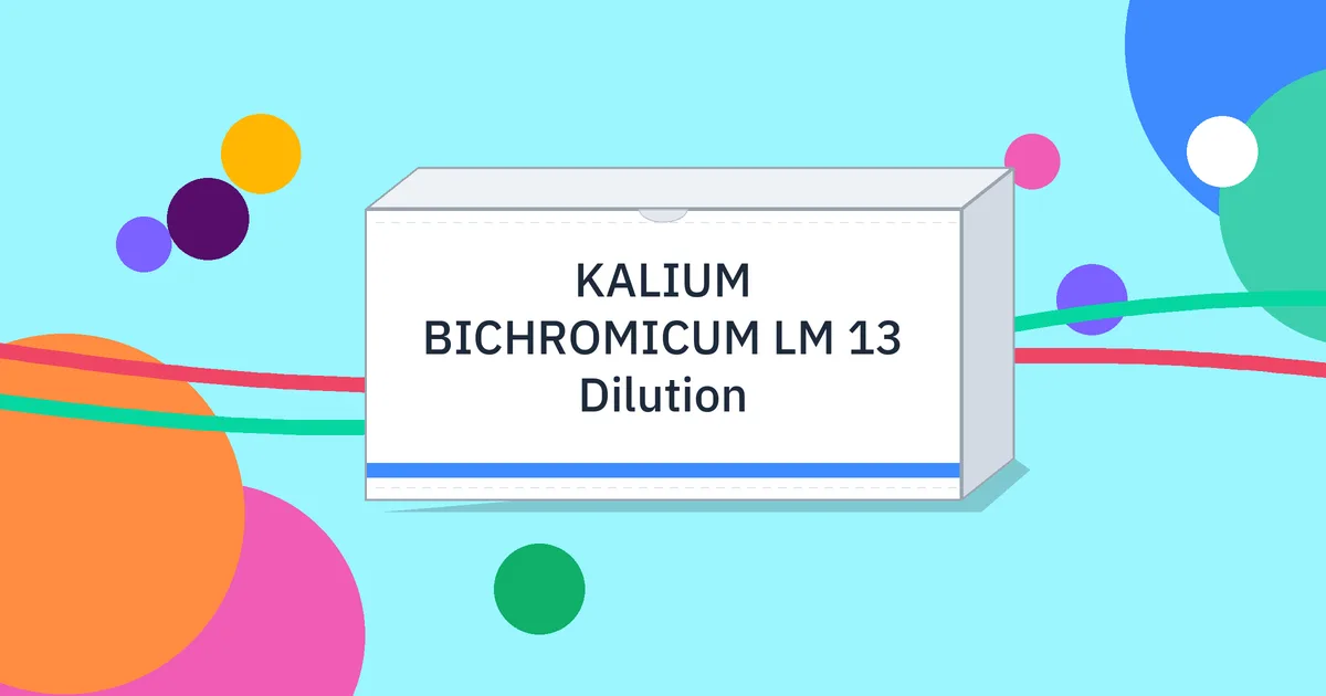 Symbolbild: Packung mit der Aufschrift KALIUM BICHROMICUM LM 13 Dilution (PZN 12917459) – Verfügbarkeit und Bezug in Apotheken in Frankfurt am Main