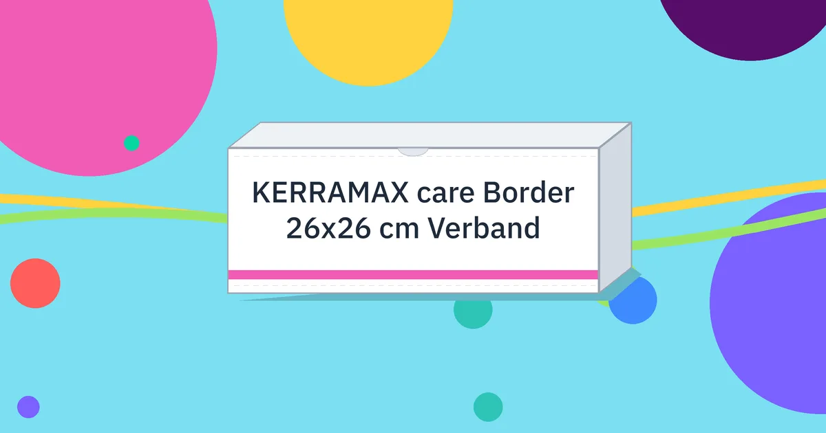 Symbolbild: Packung mit der Aufschrift KERRAMAX care Border 26x26 cm Verband (PZN 14201452) – Verfügbarkeit und Bezug in Apotheken in Frankfurt am Main