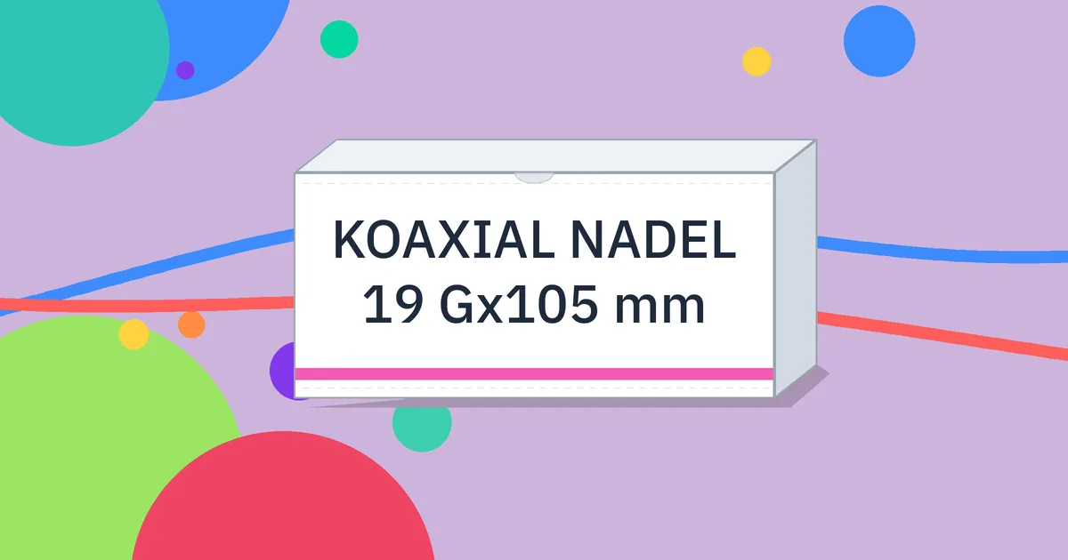 Symbolbild: Packung mit der Aufschrift KOAXIAL NADEL 19 Gx105 mm (PZN 19530120) – Verfügbarkeit und Bezug in Apotheken in Frankfurt am Main