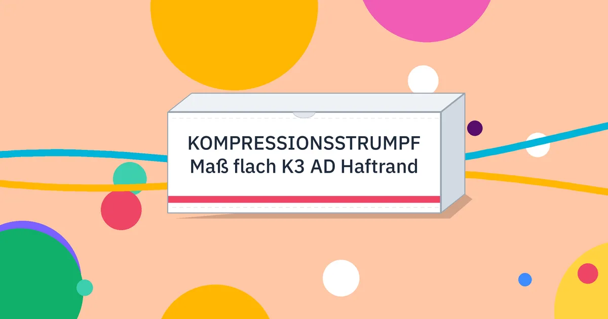 Symbolbild: Packung mit der Aufschrift KOMPRESSIONSSTRUMPF Maß flach K3 AD Haftrand (PZN 16744990) – Verfügbarkeit und Bezug in Apotheken in Frankfurt am Main