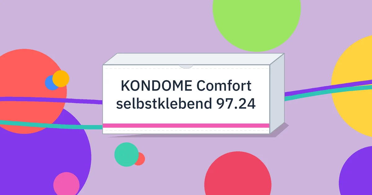 Symbolbild: Packung mit der Aufschrift KONDOME Comfort selbstklebend 97.24 (PZN 00590697) – Verfügbarkeit und Bezug in Apotheken in Frankfurt am Main