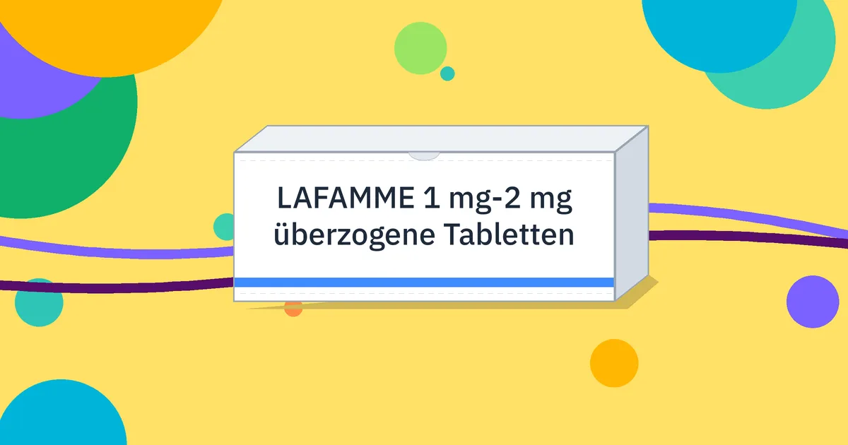 Symbolbild: Packung mit der Aufschrift LAFAMME 1 mg-2 mg überzogene Tabletten (PZN 03838413) – Verfügbarkeit und Bezug in Apotheken in Frankfurt am Main