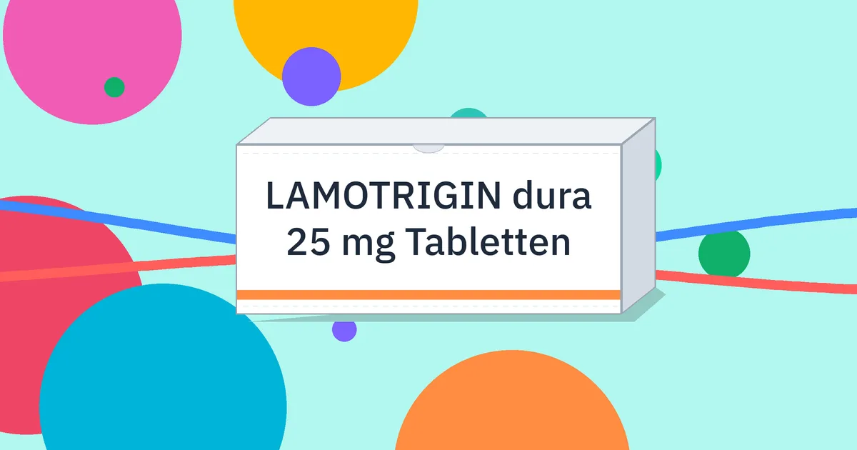 Symbolbild: Packung mit der Aufschrift LAMOTRIGIN dura 25 mg Tabletten (PZN 04385505) – Verfügbarkeit und Bezug in Apotheken in Frankfurt am Main