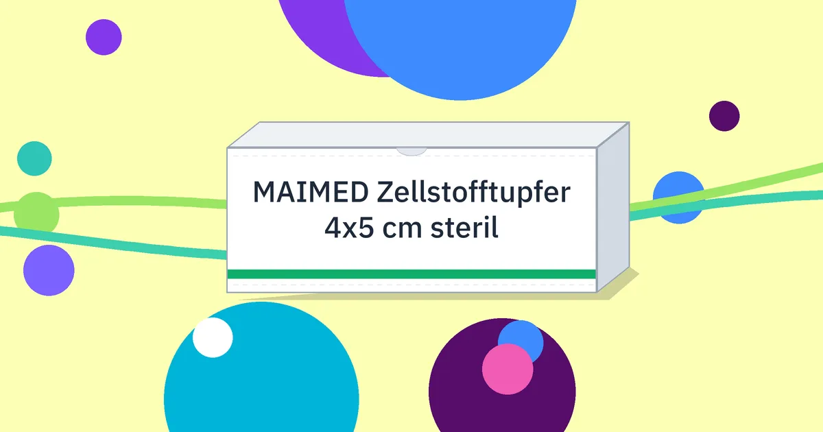 Symbolbild: Packung mit der Aufschrift MAIMED Zellstofftupfer 4x5 cm steril (PZN 02070861) – Verfügbarkeit und Bezug in Apotheken in Frankfurt am Main