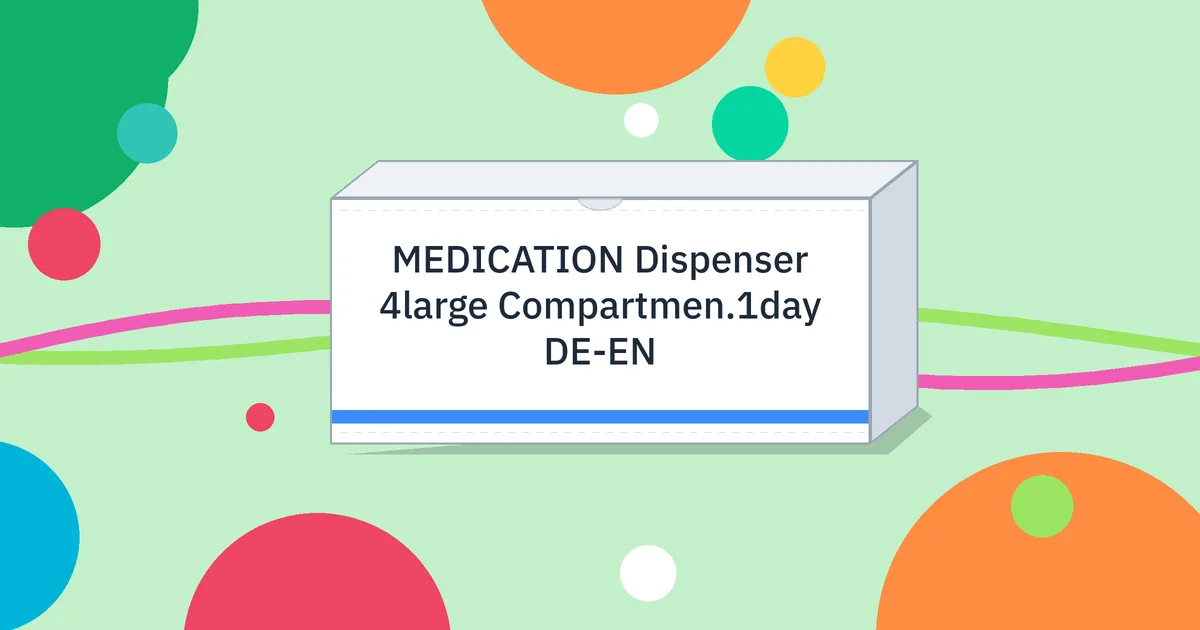 Symbolbild: Packung mit der Aufschrift MEDICATION Dispenser 4large Compartmen.1day DE-EN (PZN 20588194) – Verfügbarkeit und Bezug in Apotheken in Frankfurt am Main
