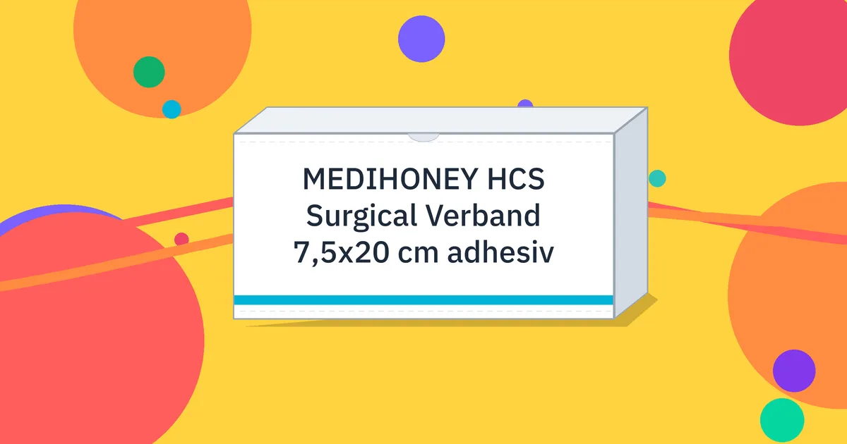 Symbolbild: Packung mit der Aufschrift MEDIHONEY HCS Surgical Verband 7,5x20 cm adhesiv (PZN 11691734) – Verfügbarkeit und Bezug in Apotheken in Frankfurt am Main