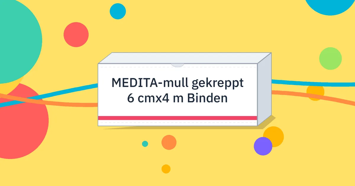 Symbolbild: Packung mit der Aufschrift MEDITA-mull gekreppt 6 cmx4 m Binden (PZN 19451975) – Verfügbarkeit und Bezug in Apotheken in Frankfurt am Main