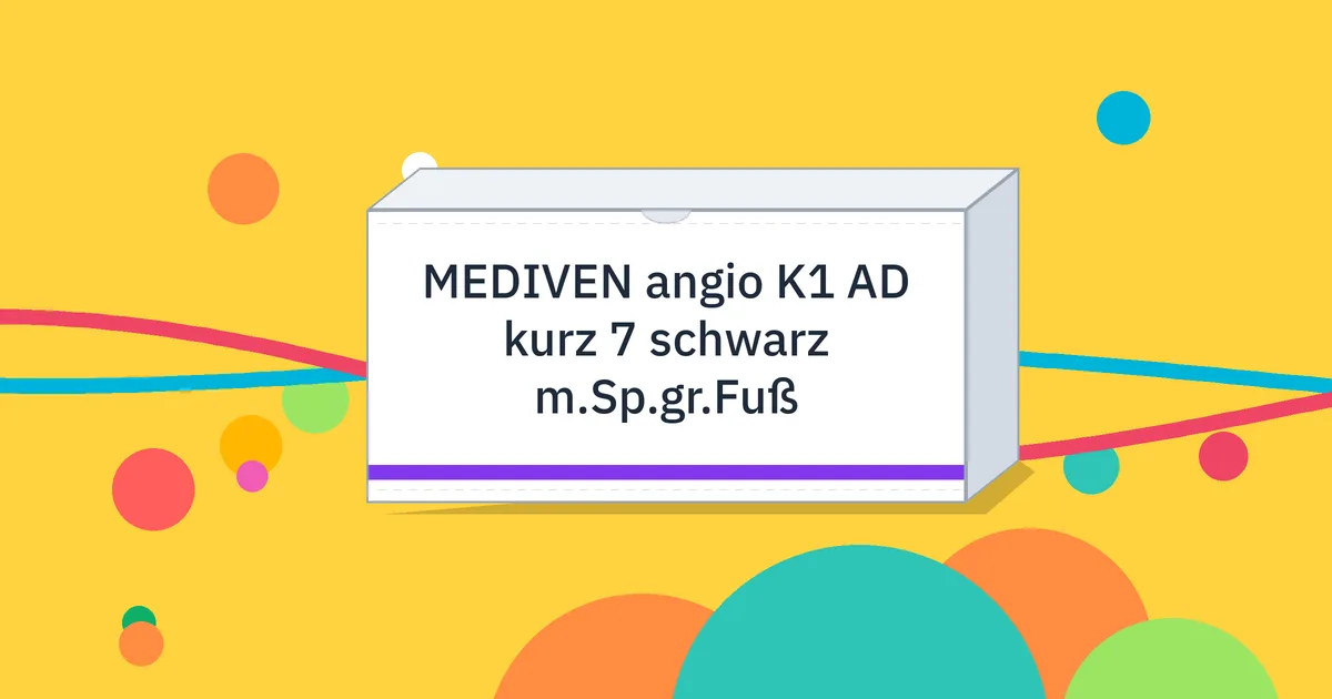 Symbolbild: Packung mit der Aufschrift MEDIVEN angio K1 AD kurz 7 schwarz m.Sp.gr.Fuß (PZN 17210581) – Verfügbarkeit und Bezug in Apotheken in Frankfurt am Main