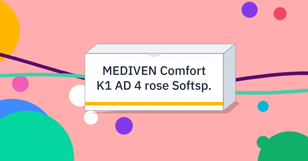 Symbolbild: Packung mit der Aufschrift MEDIVEN Comfort K1 AD 4 rose Softsp. (PZN 14559001) – Verfügbarkeit und Bezug in Apotheken in Frankfurt am Main
