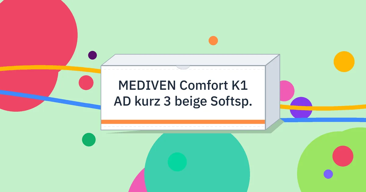 Symbolbild: Packung mit der Aufschrift MEDIVEN Comfort K1 AD kurz 3 beige Softsp. (PZN 14563385) – Verfügbarkeit und Bezug in Apotheken in Frankfurt am Main