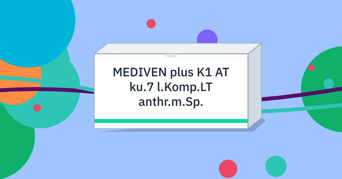 Symbolbild: Packung mit der Aufschrift MEDIVEN plus K1 AT ku.7 l.Komp.LT anthr.m.Sp. (PZN 15028895) – Verfügbarkeit und Bezug in Apotheken in Frankfurt am Main