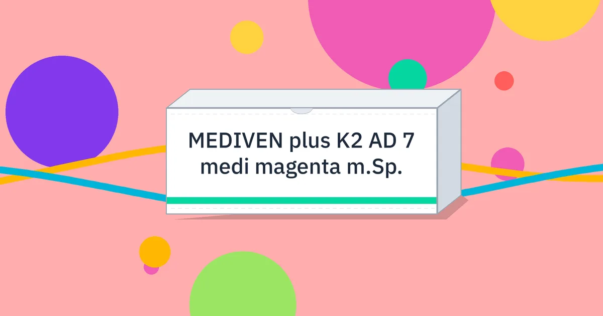 Symbolbild: Packung mit der Aufschrift MEDIVEN plus K2 AD 7 medi magenta m.Sp. (PZN 15093384) – Verfügbarkeit und Bezug in Apotheken in Frankfurt am Main