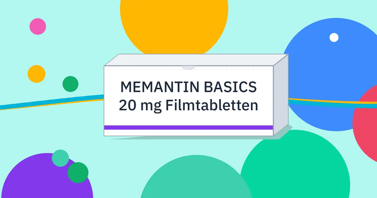 Symbolbild: Packung mit der Aufschrift MEMANTIN BASICS 20 mg Filmtabletten (PZN 10080052) – Verfügbarkeit und Bezug in Apotheken in Frankfurt am Main