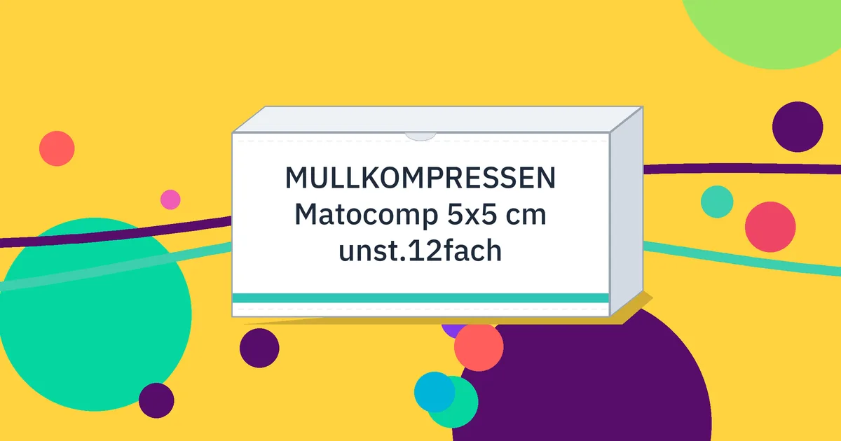 Symbolbild: Packung mit der Aufschrift MULLKOMPRESSEN Matocomp 5x5 cm unst.12fach (PZN 03377739) – Verfügbarkeit und Bezug in Apotheken in Frankfurt am Main
