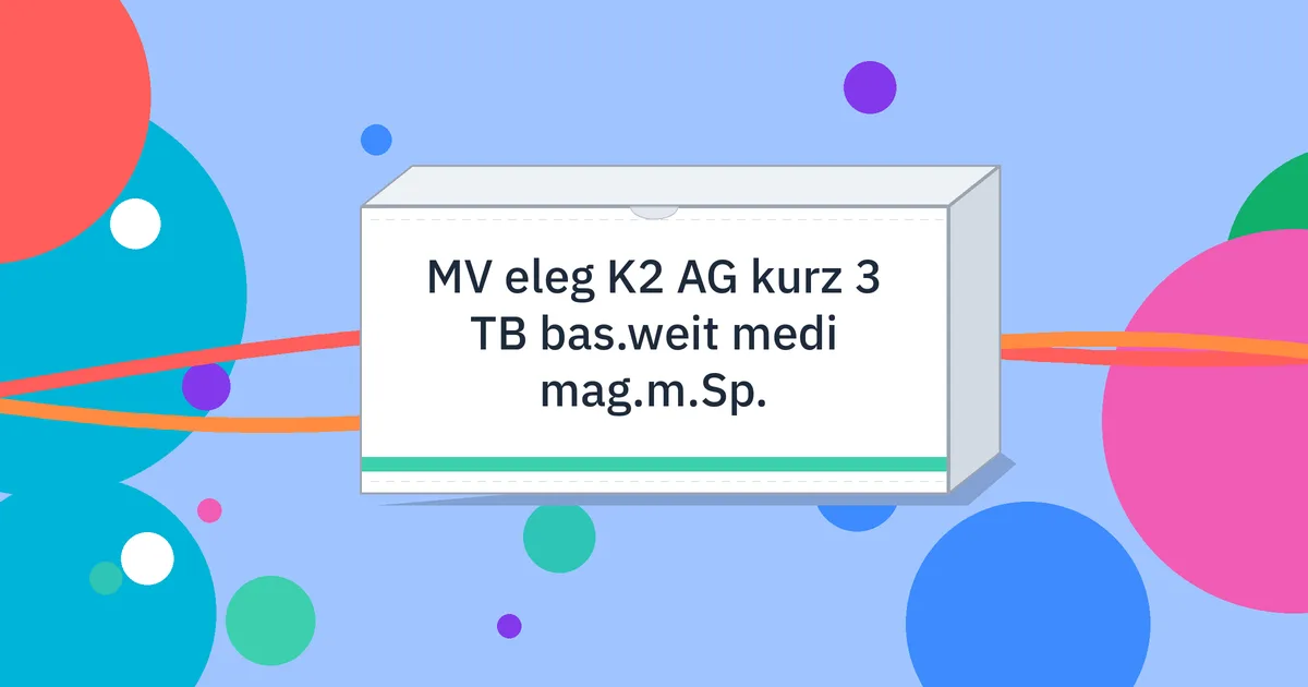 Symbolbild: Packung mit der Aufschrift MV eleg K2 AG kurz 3 TB bas.weit medi mag.m.Sp. (PZN 14638427) – Verfügbarkeit und Bezug in Apotheken in Frankfurt am Main