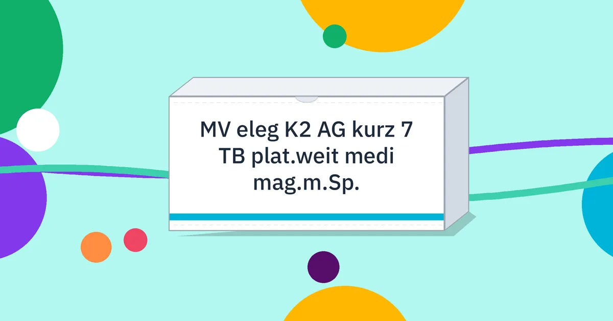 Symbolbild: Packung mit der Aufschrift MV eleg K2 AG kurz 7 TB plat.weit medi mag.m.Sp. (PZN 14635446) – Verfügbarkeit und Bezug in Apotheken in Frankfurt am Main