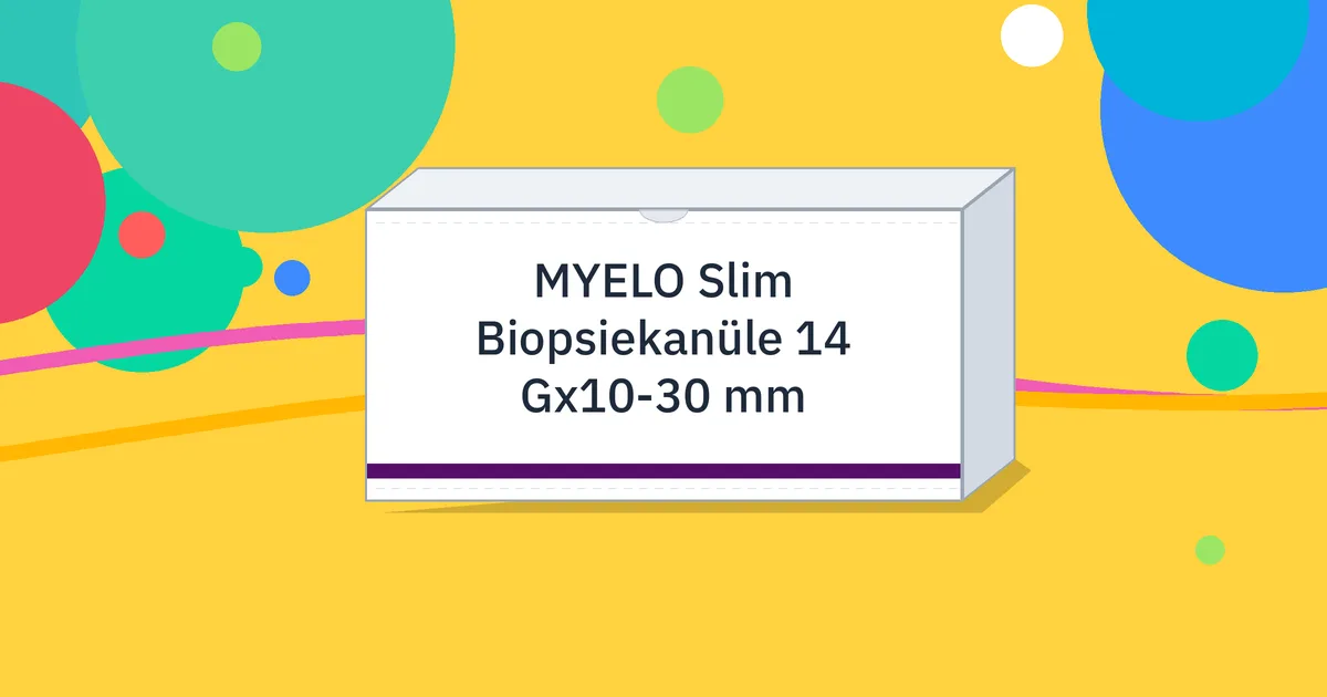 Symbolbild: Packung mit der Aufschrift MYELO Slim Biopsiekanüle 14 Gx10-30 mm (PZN 18794207) – Verfügbarkeit und Bezug in Apotheken in Frankfurt am Main