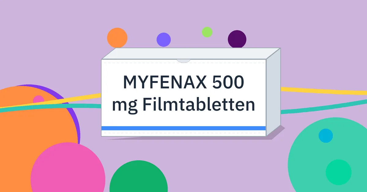 Symbolbild: Packung mit der Aufschrift MYFENAX 500 mg Filmtabletten (PZN 11367488) – Verfügbarkeit und Bezug in Apotheken in Frankfurt am Main