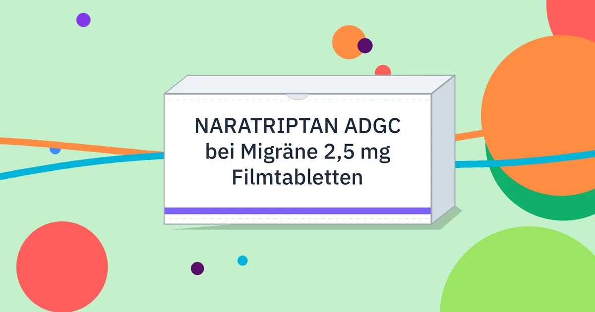 Symbolbild: Packung mit der Aufschrift NARATRIPTAN ADGC bei Migräne 2,5 mg Filmtabletten (PZN 18498549) – Verfügbarkeit und Bezug in Apotheken in Frankfurt am Main