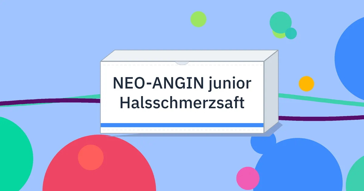 Symbolbild: Packung mit der Aufschrift NEO-ANGIN junior Halsschmerzsaft (PZN 10417563) – Verfügbarkeit und Bezug in Apotheken in Frankfurt am Main